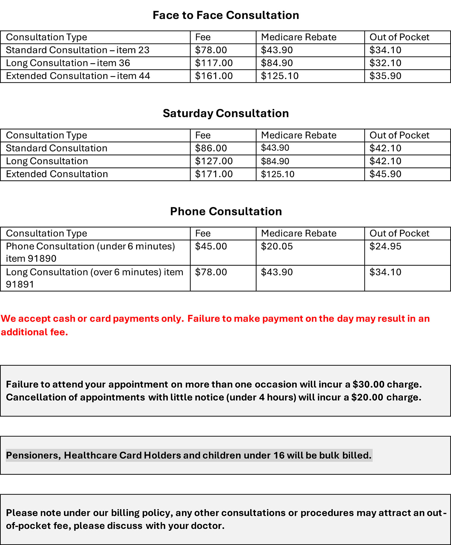 Fees - Whittlesea Medical Clinic